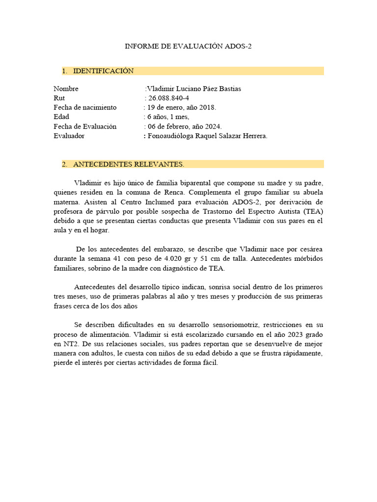 Informe Evaluación ADOS-2: Vladimir 6 años | PDF | Espectro autista ...