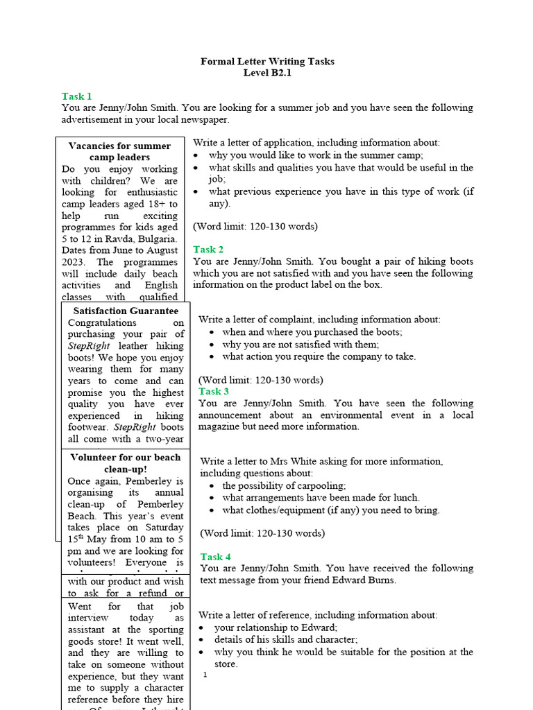 Formal Letter Writing Tasks Level b2.1 | PDF | Stress (Biology)