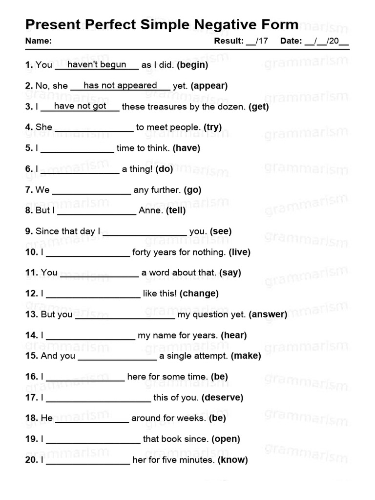 Present Perfect Simple Negative Exercises | PDF