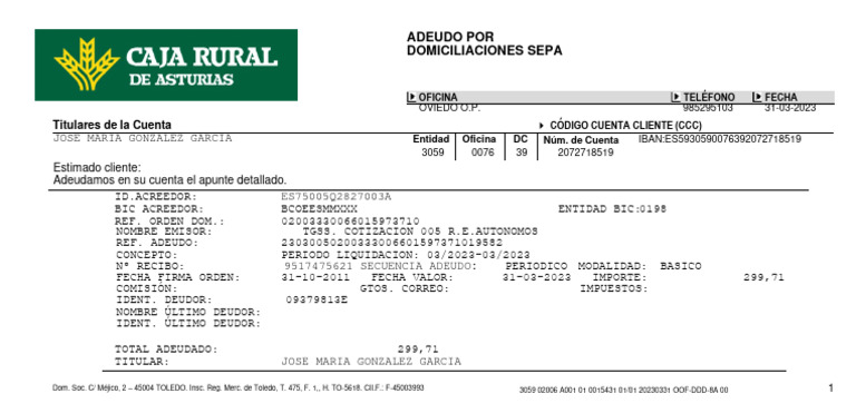 Recibo Domiciliado Caja Rural de Asturias | PDF