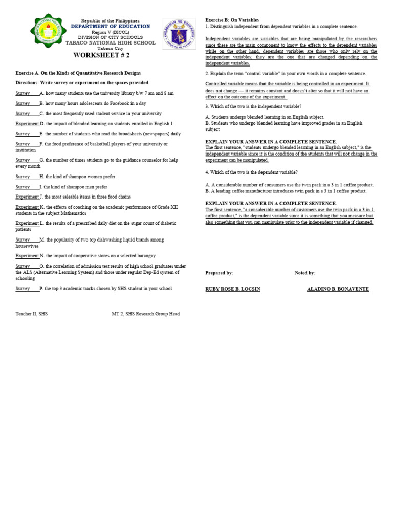 PR 2 Exercises-About-Kinds-Of-Variable | PDF | Dependent And Independent Variables | Experiment