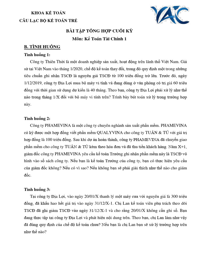 BÀI TẬP TÌNH HUỐNG CUỐI KỲ MÔN KTTC1 | PDF