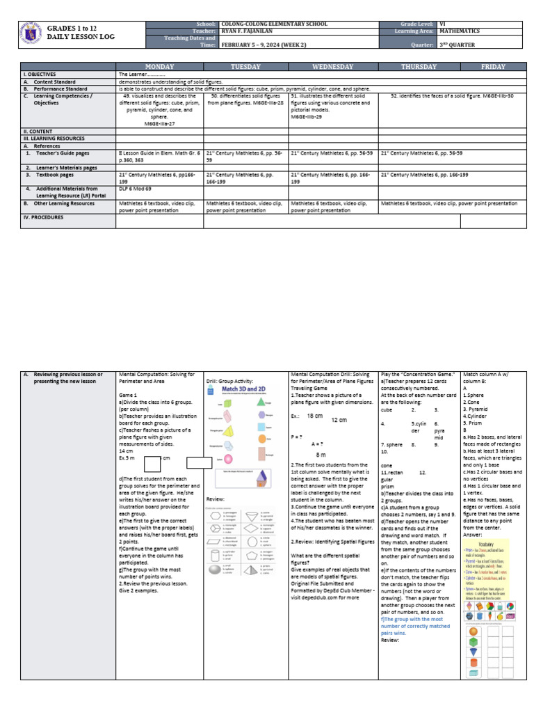 DLL - Mathematics 6 - Q3 - W2 | PDF | Shape | Area DLL - Mathematics 6 - Q3 - W2 | PDF | Shape | Area