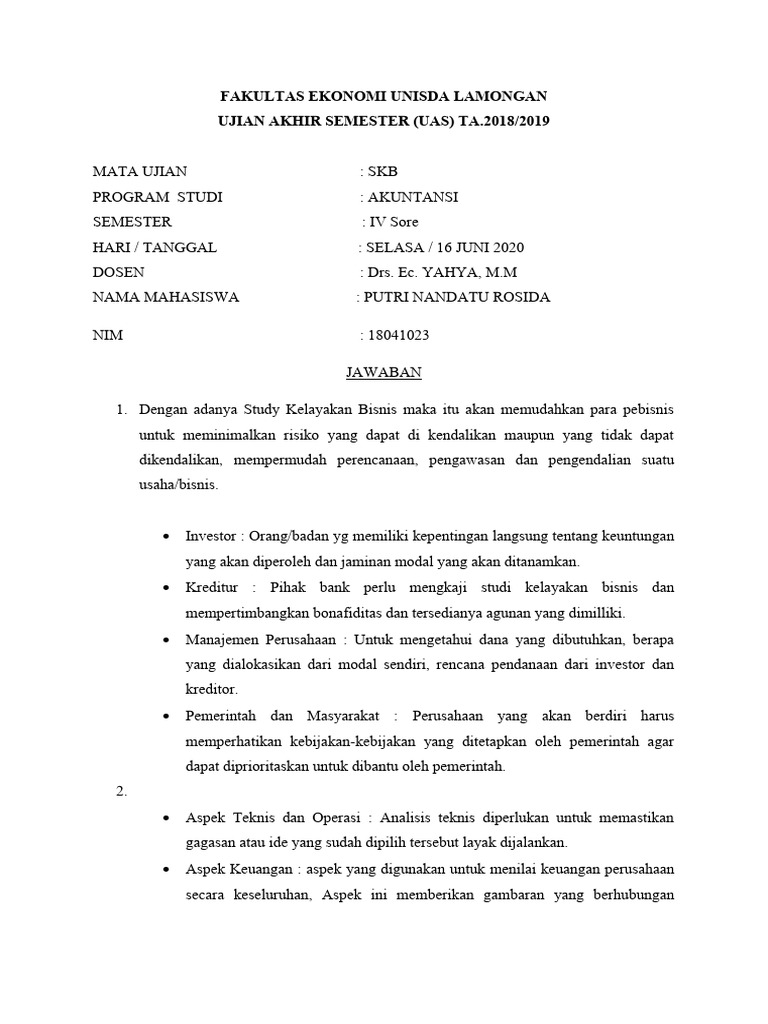 Uas - Fe - SKB - Putri Nandatu Rosida - 18041023 | PDF | Pengelolaan Keuangan & Uang