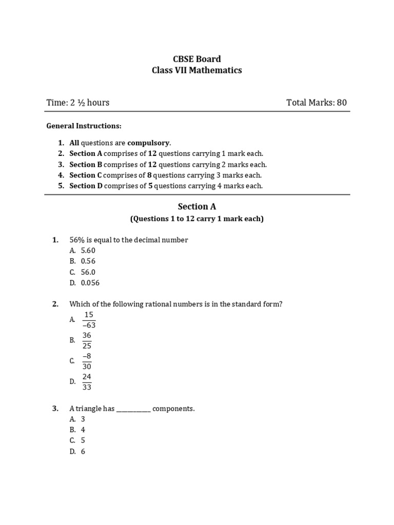 Class VII Math Exam Paper | PDF