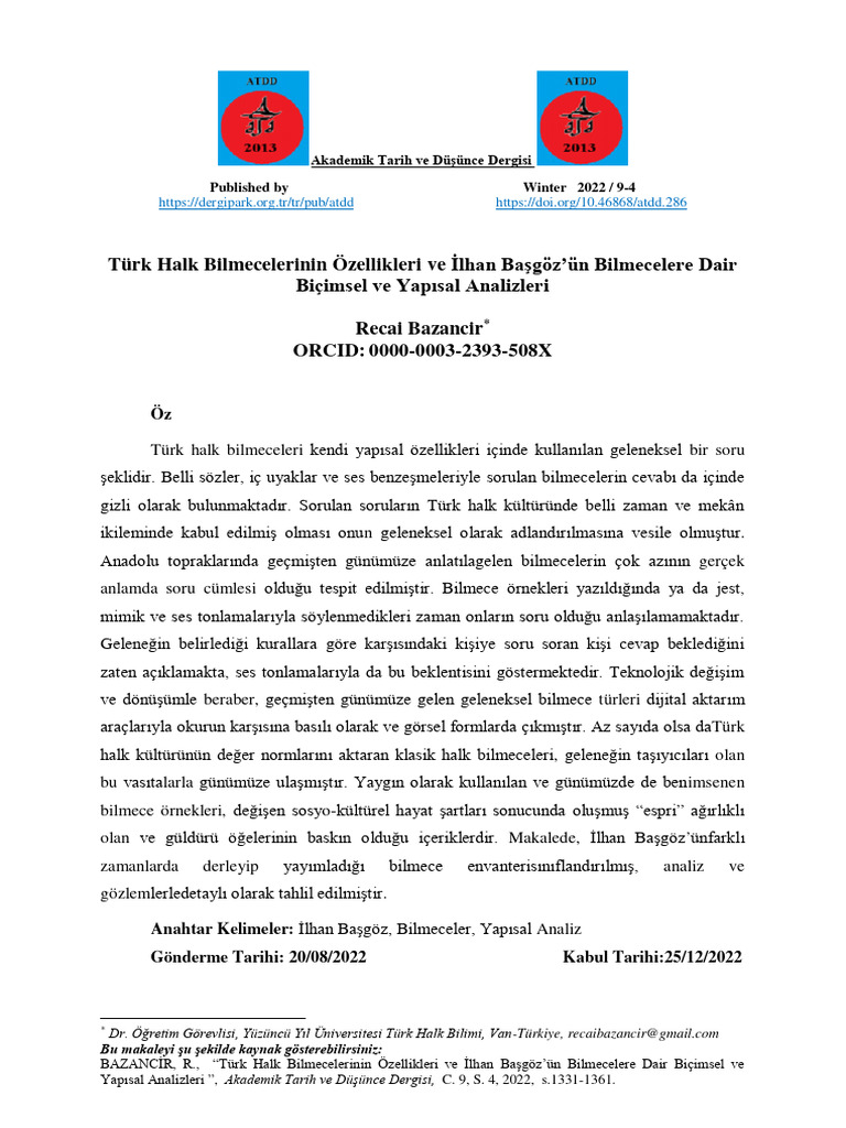 T - RK Halk Bilmecelerinin - Zellikleri Ve - Lhan Ba - G - Z - N Bilmecelere Dair Bi - Imsel Ve ...