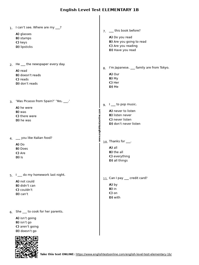 Elementary English Level Test PDF | PDF