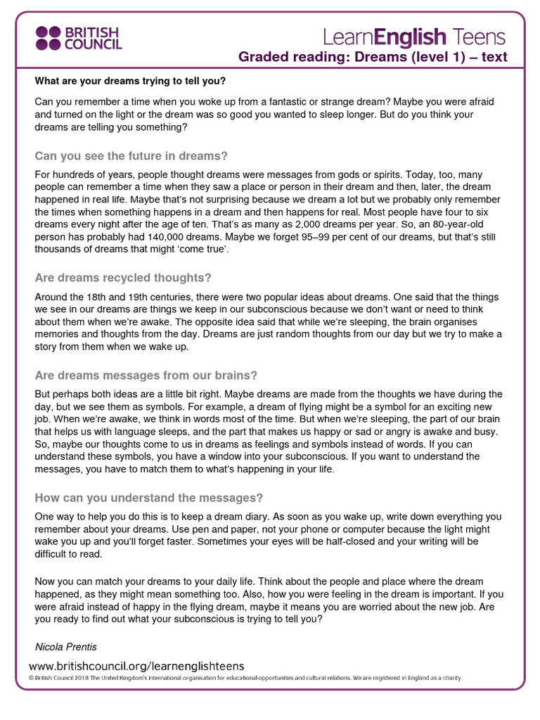 Dreams Level 1 - Text | PDF | Dream | Thought