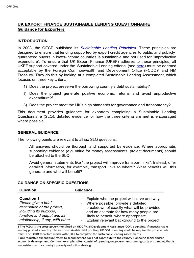 UKEF Sustainable Lending Questionnaire Guidance March 2021 | PDF