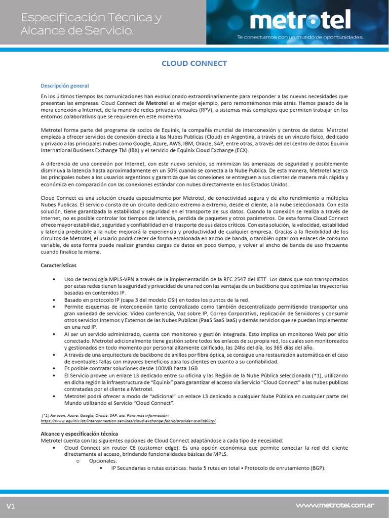 EspecificacionesTecnicas Cloud Connect | PDF | Enrutador (Computación) | Computación en la nube