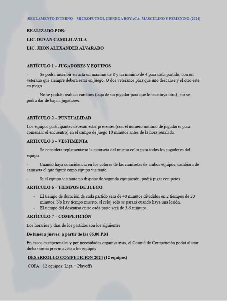 Reglamento Interno Cienega Boyaca 2024 Micro Futbol | PDF