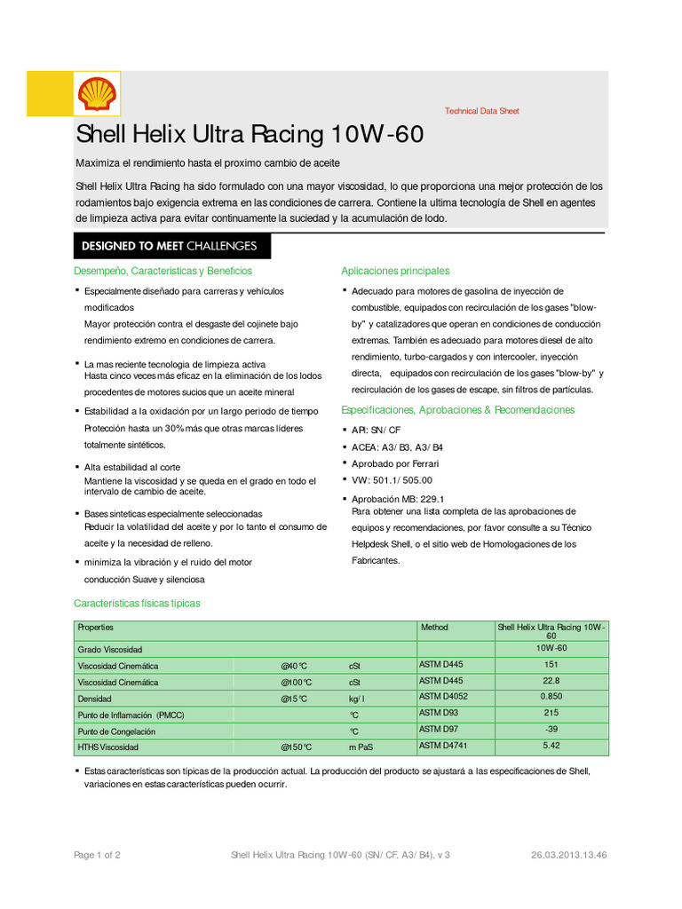 Shell Helix Ultra Racing 10W-60 (Es) TDS | PDF | Rodamiento (Mecánico ...