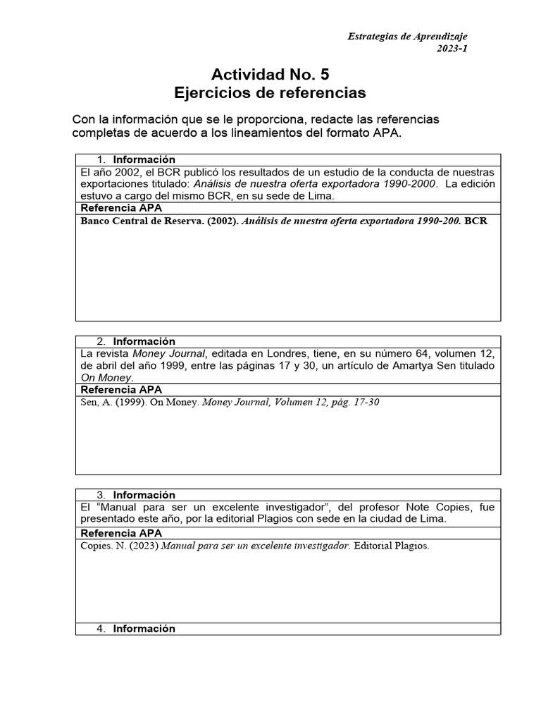Ejercicios de Referencias APA 2023 | PDF | Ciencias sociales