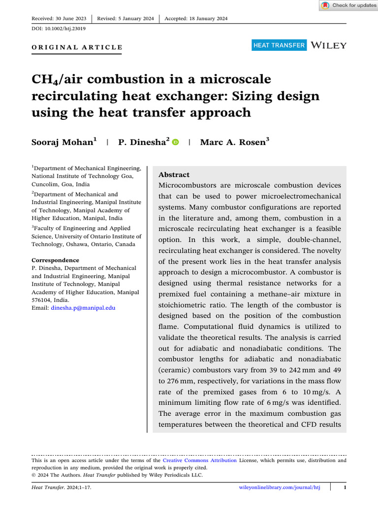 Heat Trans - 2024 - Mohan - CH4 Air Combustion in A Microscale Recirculating Heat Exchanger ...