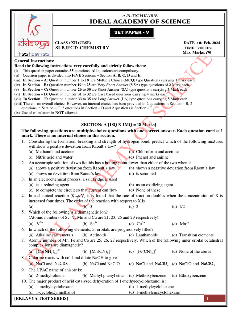 SET PAPER 5 - CHEM Eklavya (XII-CBSE) 01.02.2024 FULL (WM) | Download ...