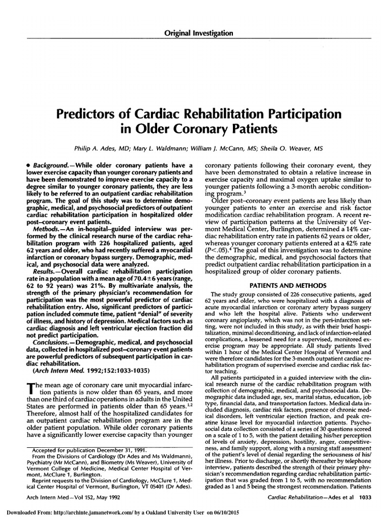 Philip A Ades Predictors of Cardiac Rehabilitation | PDF | Physical ...
