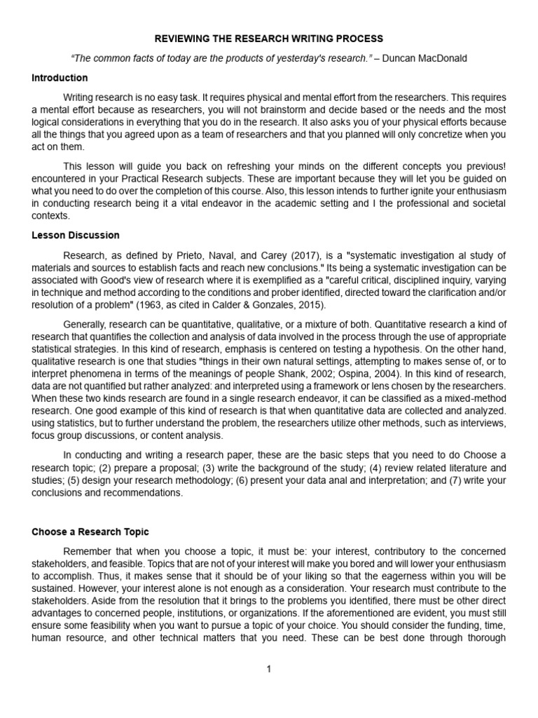 Lesson 1 Reviewing The Research Writing Process | PDF | Career & Growth