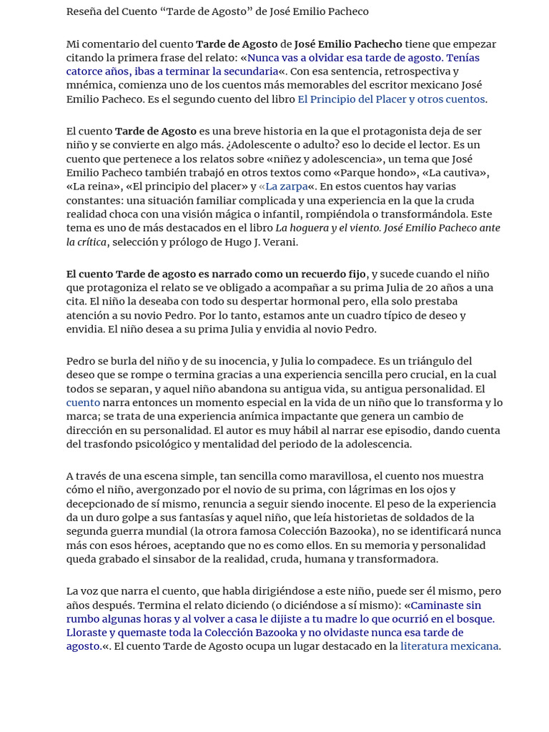 Reseña Del Cuento "Tarde de Agosto" de José Emilio Pacheco | PDF