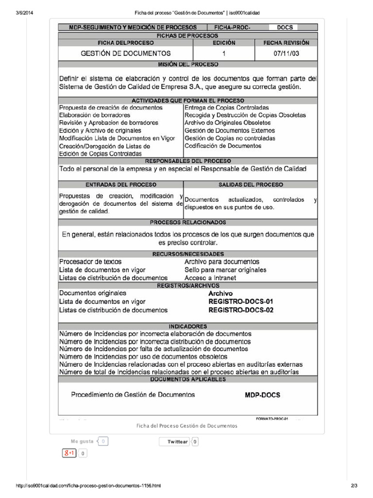 Ficha Del Proceso "Gesti... Entos" - Iso9001calidad | PDF
