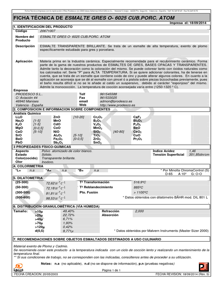 ESMALTE GRES O 6025 CUB - PORC - ATOM - Rev005 | PDF