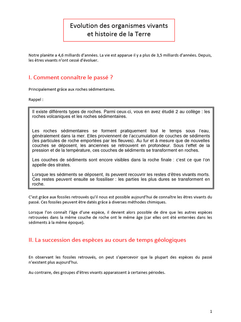 Evolution Des Organismes Vivants Et Histoire de La Terre Cours | PDF