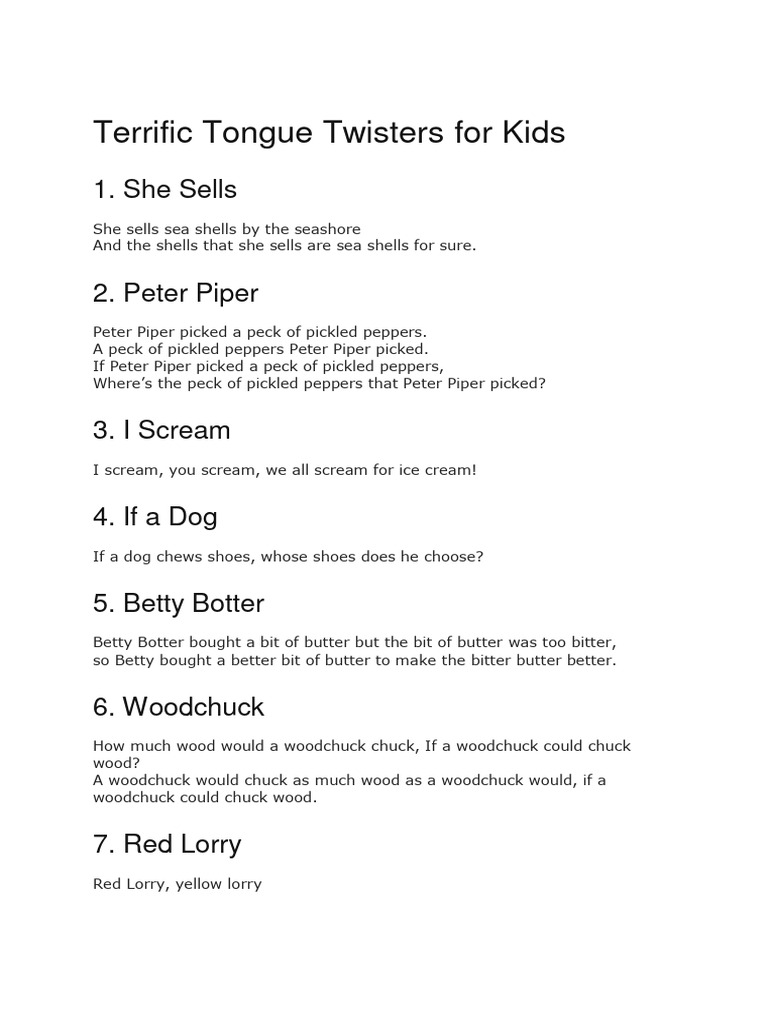 Terrific Tongue Twisters For Kids | PDF
