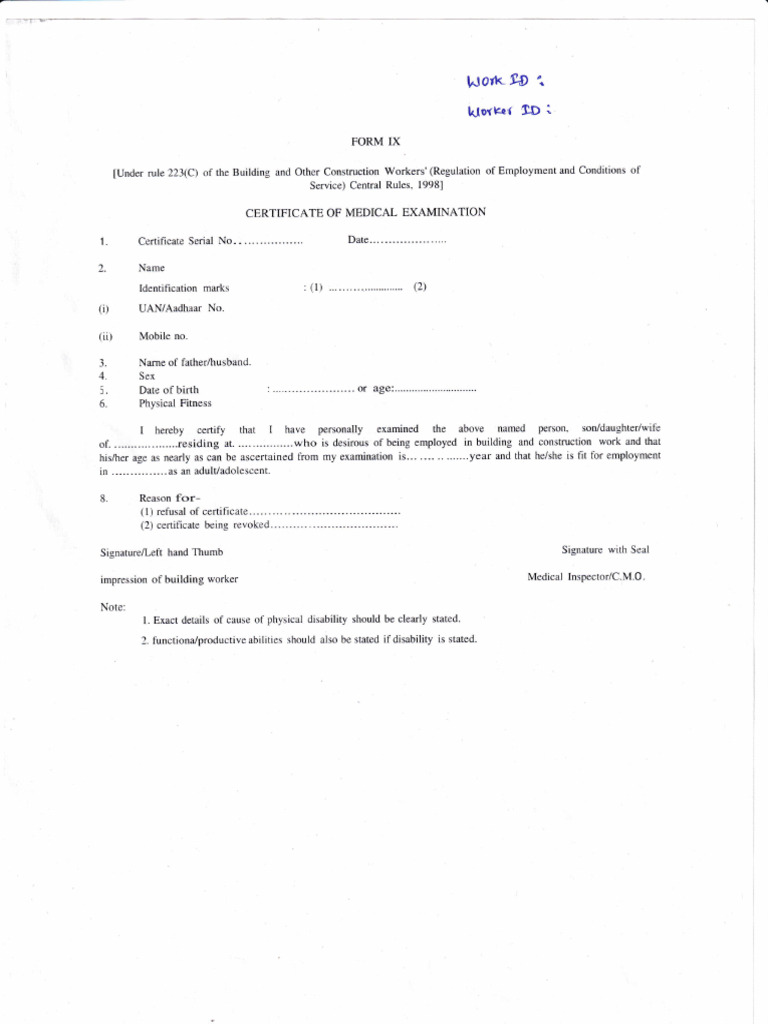 Medical Certificate Form 9 for Construction | PDF