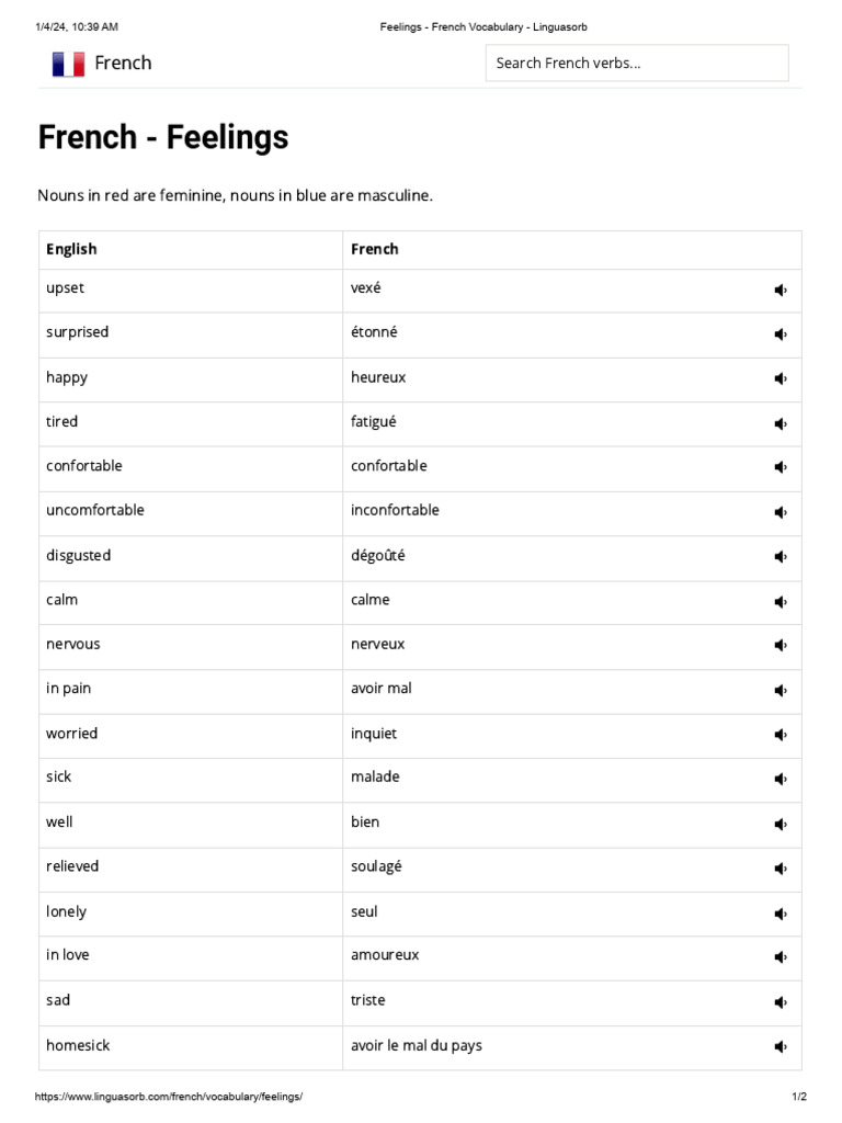 Feelings - French Vocabulary - Linguasorb | PDF | Linguistic Typology ...