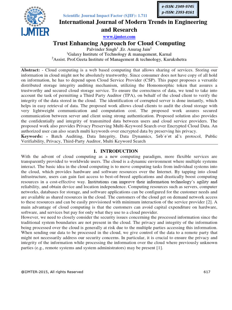 Trust Enhancing Approach For Cloud Computing | PDF