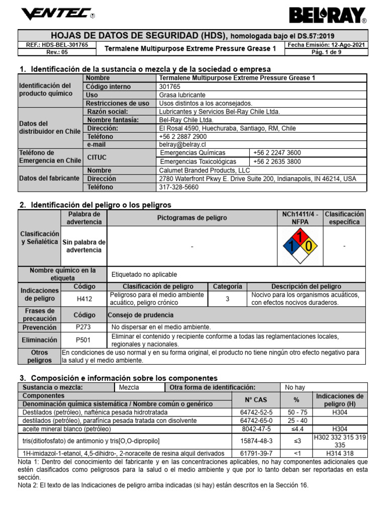 HDS-BEL-301765 v05 Termalene Multipurpose Extreme Pressure Grease 1 | PDF
