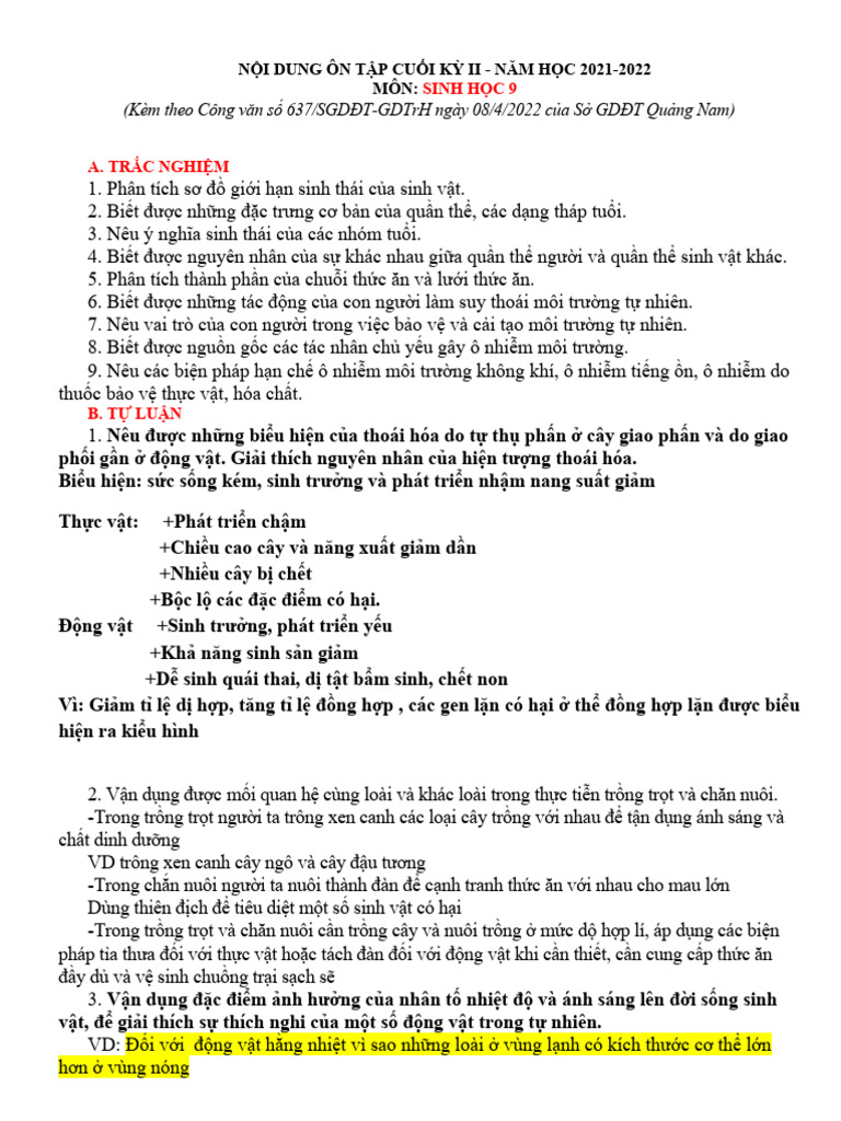 Noi Dung On Tap Sinh 9 | PDF