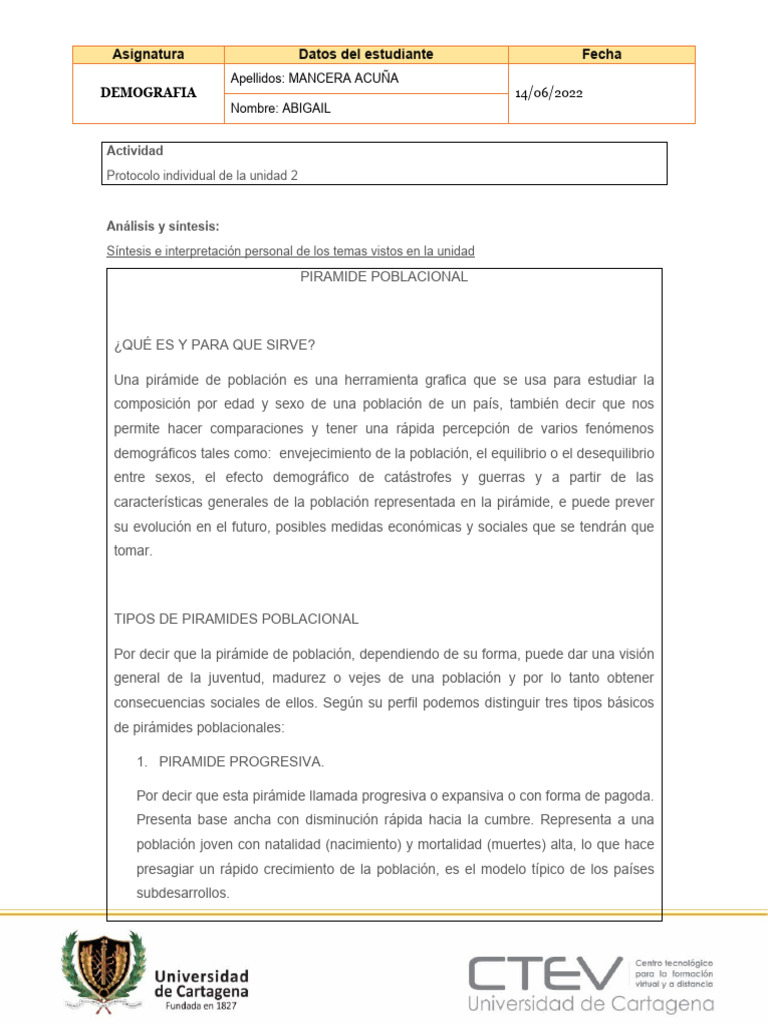 Protocolo Individual Unidad 2 Demografia | PDF