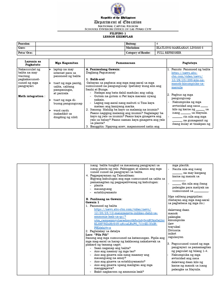 Filipino 4 Week 8 Lesson Exemplar For Full Refresher - Ibatan | PDF