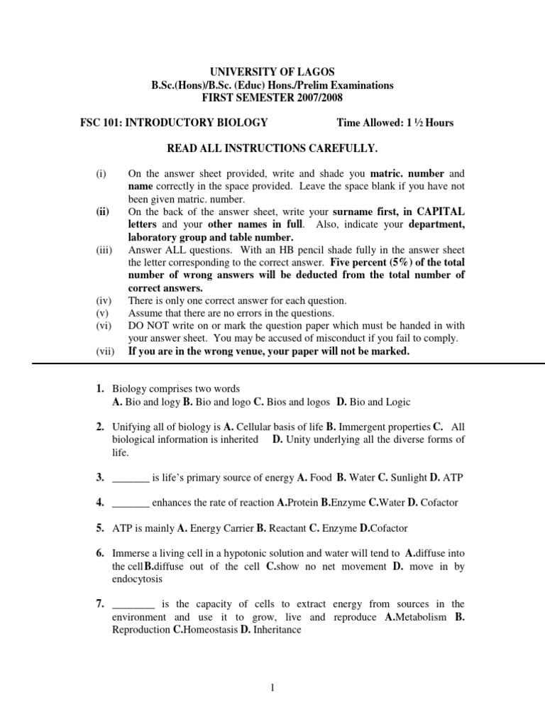 FSC 101 Introductory Biology Exam Questions | PDF | Meiosis | Dna
