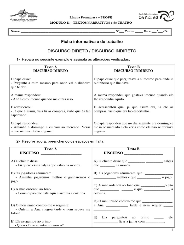 Ficha de Trabalho Sobre Discurso Direto e Indireto | PDF
