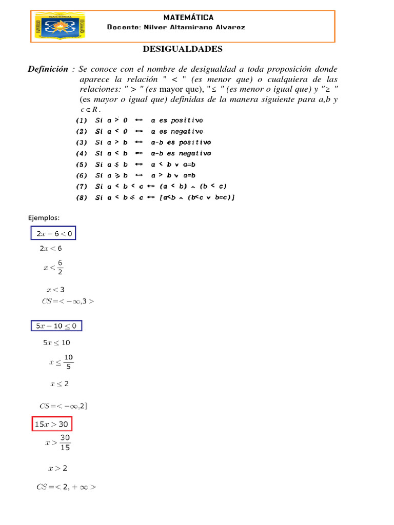 Matemática - Inecuaciones | PDF | Teorema | Desigualdad (Matemáticas)