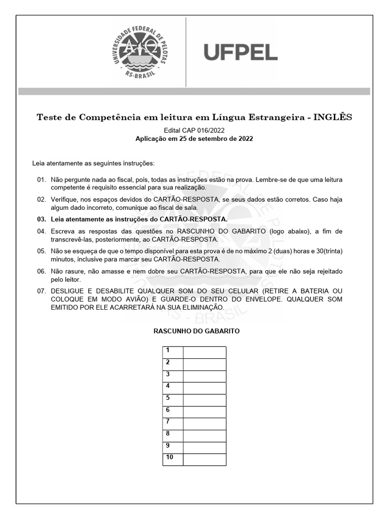 Teste de Conpetencia em Leitura Ingles Ufpel | PDF