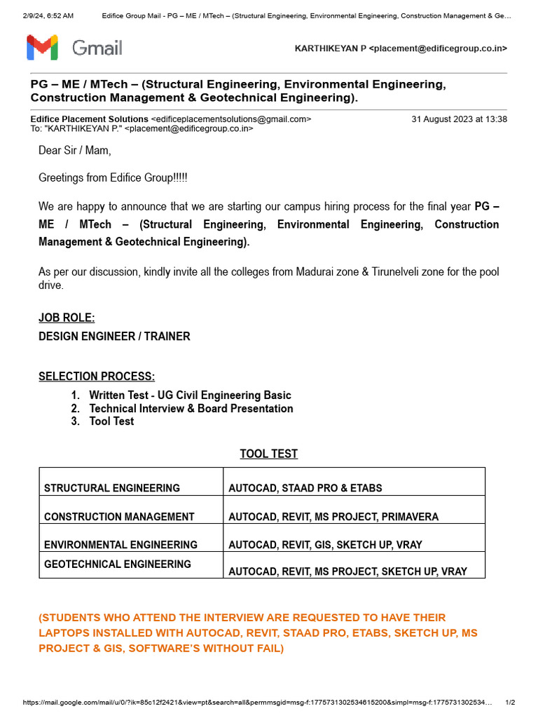 Edifice Group Mail - PG - ME - MTech - (Structural Engineering, Environmental Engineering ...