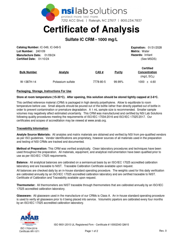 Certificate of Analysis: Sulfate IC CRM - 1000 MG/L | PDF | Calibration ...