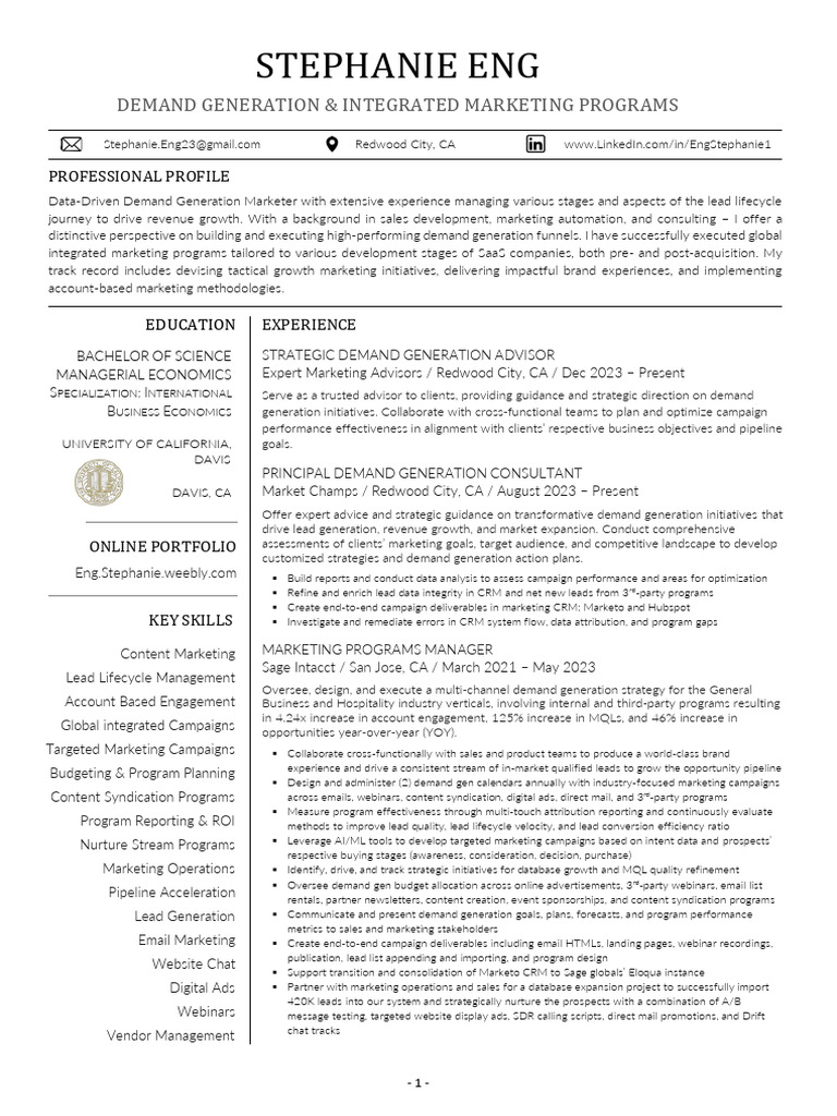 Stephanie Eng Resume Public | PDF | Marketing | Sales
