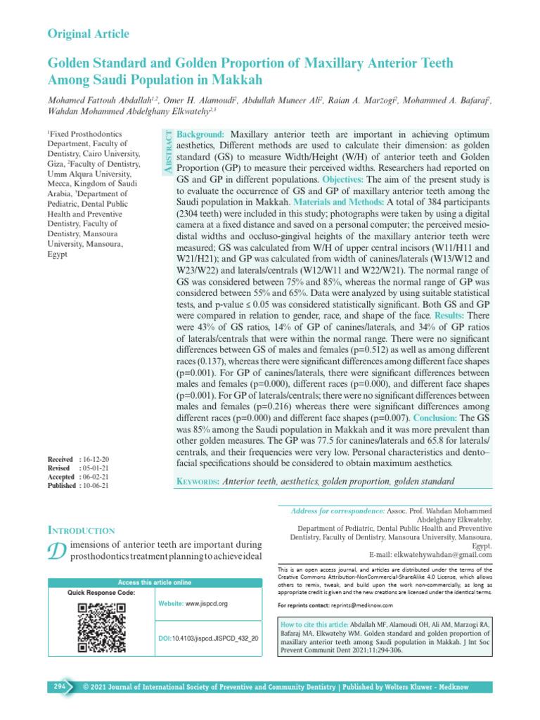 Maxillary Teeth Proportions in Makkah | PDF