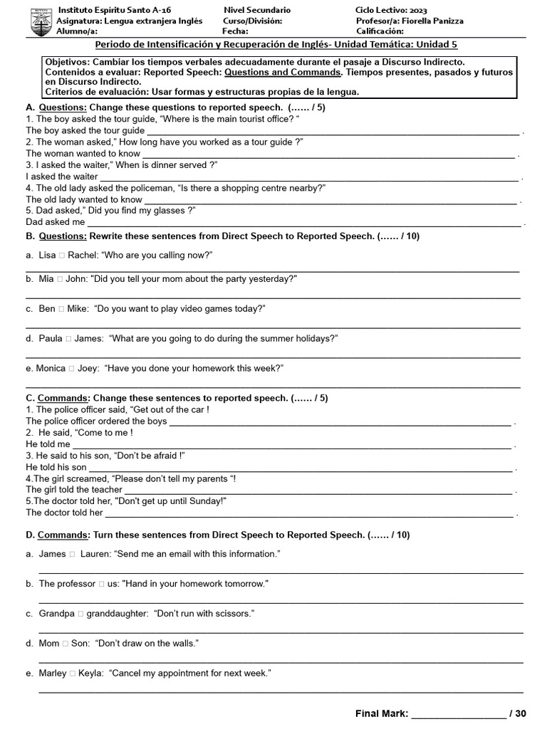 Ies Recuperatorio Unit 5 Part 2 Questions And Commands Reported Speech 2do Inf Pdf