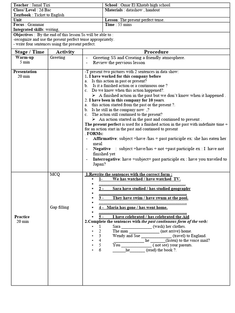 Present Perfect Tense Lesson Plan | PDF | Perfect (Grammar) | Syntax