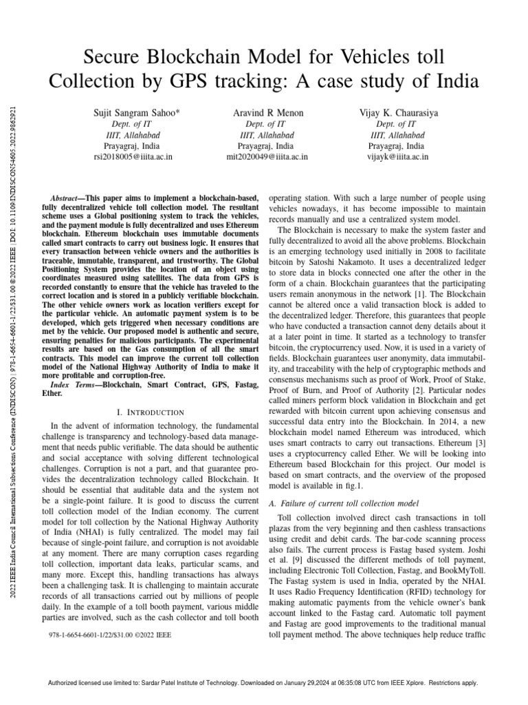 Secure Blockchain Model For Vehicles Toll Collection by GPS Tracking A Case Study of India | PDF ...