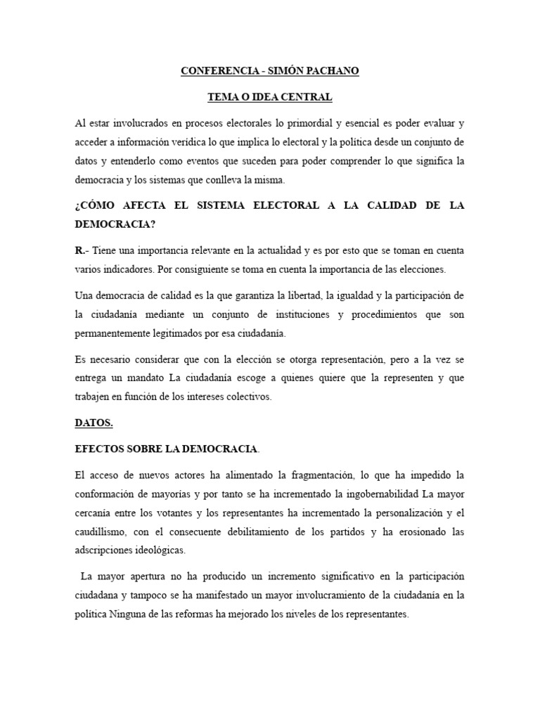 Conferencia de Simón Pachano | PDF | Democracia | Ideologías políticas