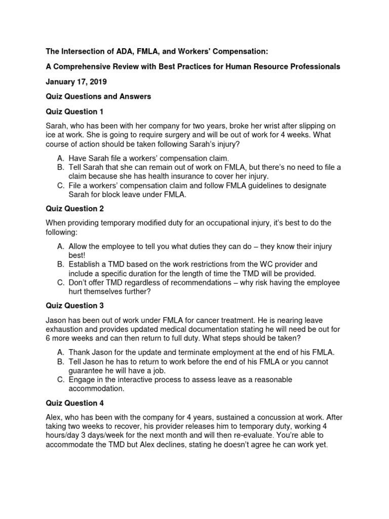 Quiz Questions and Answers - ADA, FMLA, Workers' Compensation Webinar 1 ...