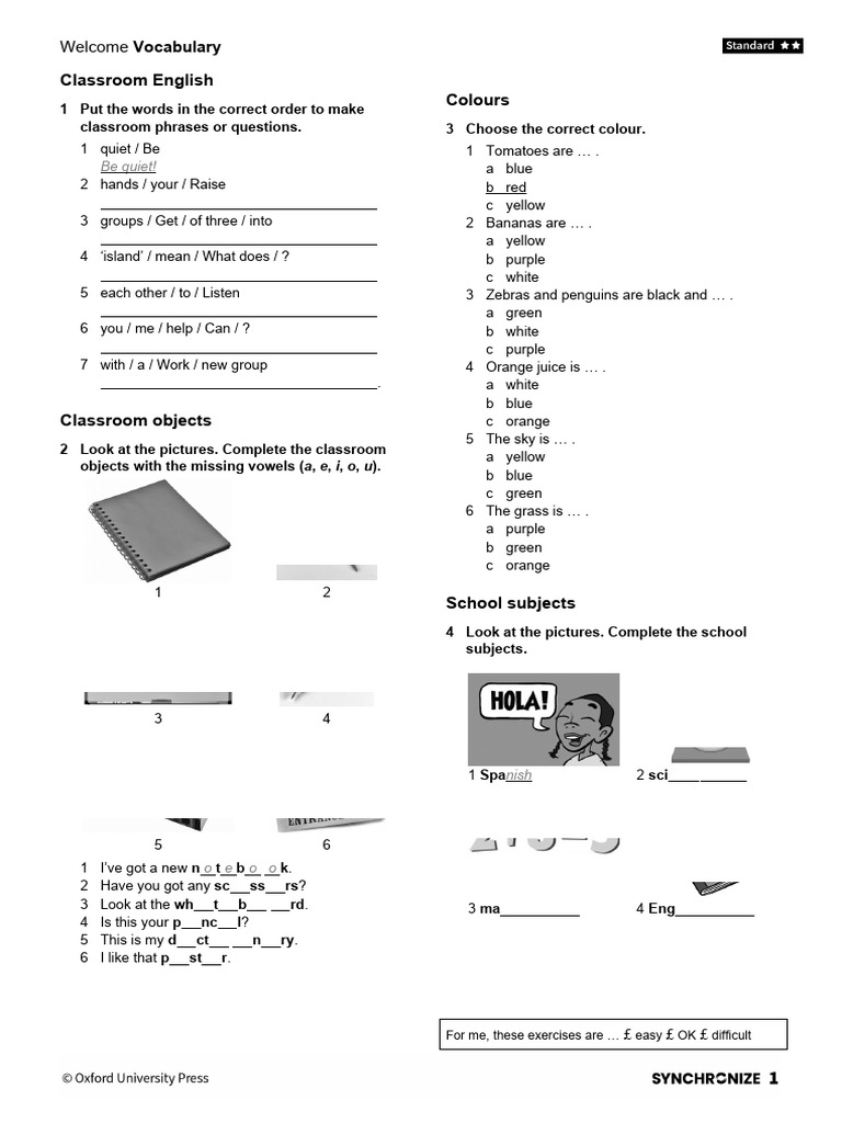 Synchronize1 - TRB - Worksheets - Welcome Unit - Standard - Vocabulary | PDF | Language Families ...