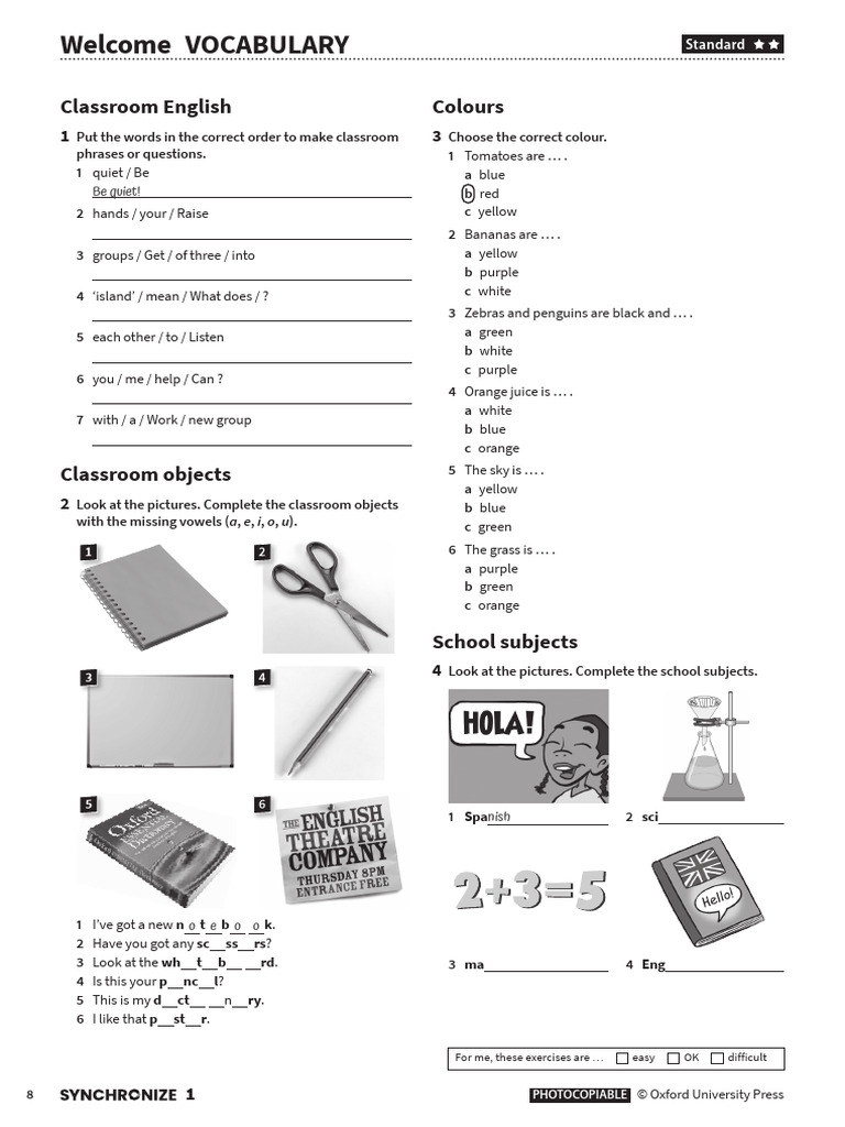 Synchronize1 - TRB - Worksheets - Welcome Unit - Standard - Vocabulary | PDF