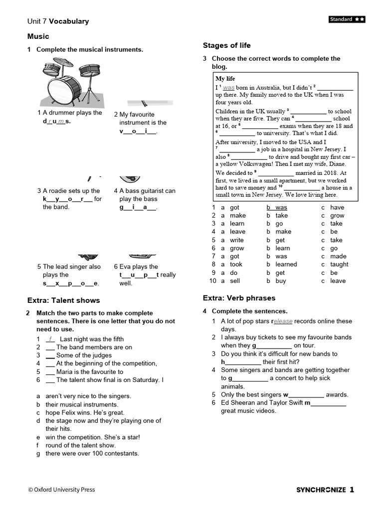 Synchronize1 TRB Worksheets Unit 7 Standard Vocabulary | PDF