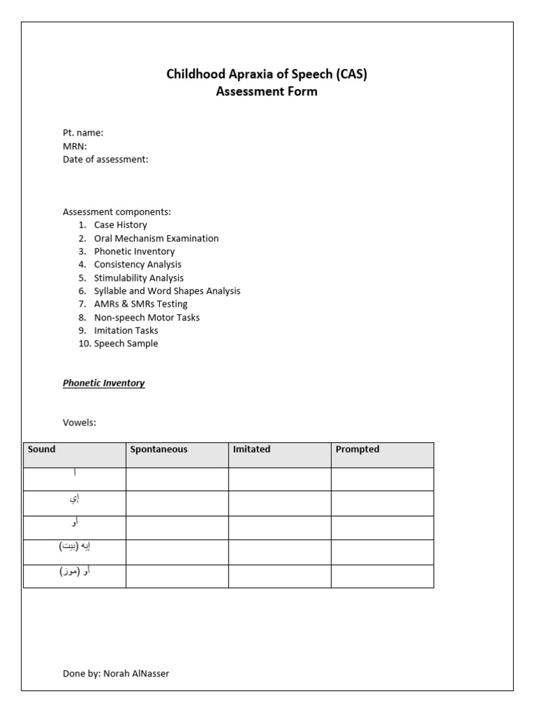 Assessment Form, Childhood Apraxia of Speech | Download Free PDF ...